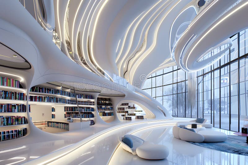 Modern Library with Flowing Architecture and Ample Natural Light Stock ...