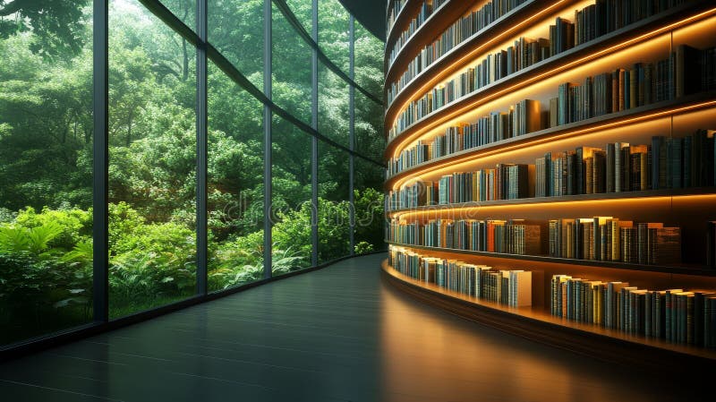 Modern Library with Forest View Windows Stock Illustration ...