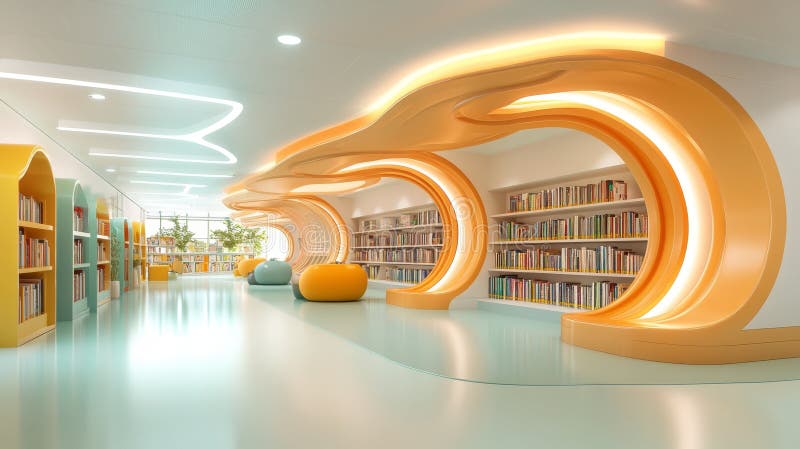 Modern Library with Futuristic Design and Lighting Stock Illustration ...