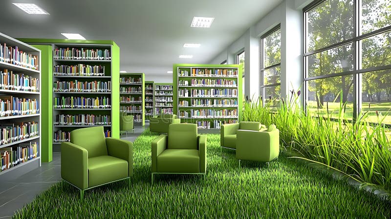 Modern Library with Green Seating and Vibrant Decor Stock Illustration ...