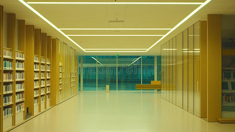 Modern Library Hallway, Night View, Bookshelves, Glass Walls, Quiet Study Stock Photo - Image of ...