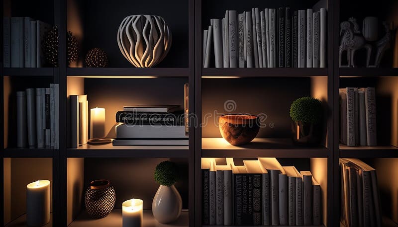 Modern Library Illuminated by Electric Lamp at Night Generated by AI ...