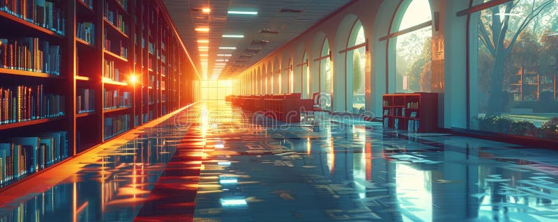 Modern Library Interior Bathed in Sunlight with Expansive Shelves and ...