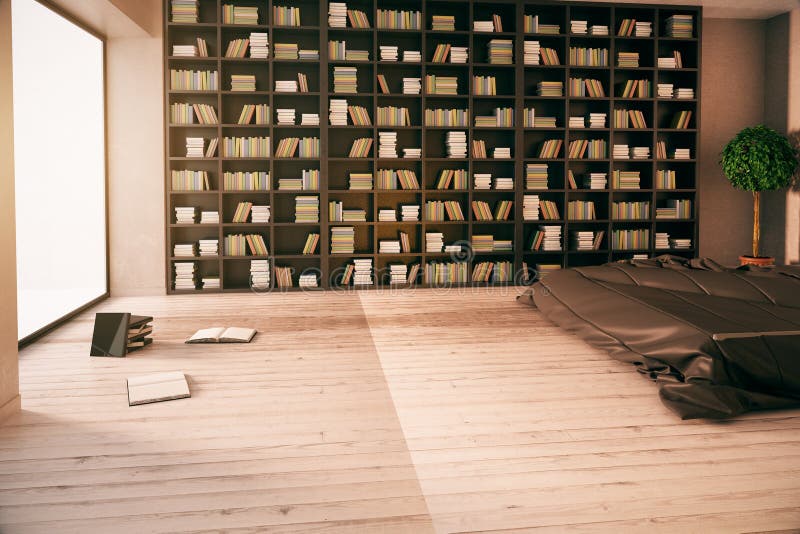 Modern Library Interior with Bookcase, Bench and Mock Up Poster on Wall ...