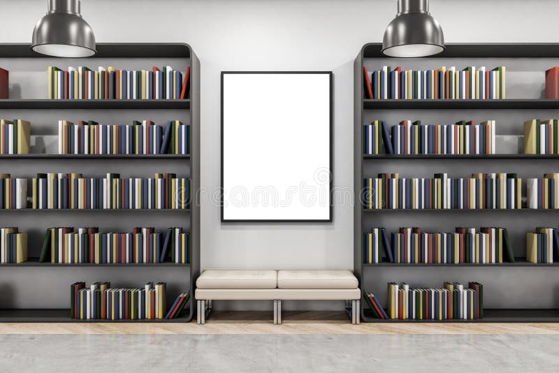 Modern Library Interior with Bookcase, Bench and Mock Up Poster on Wall ...