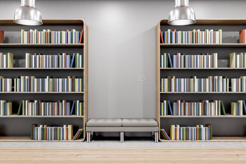 Modern Library Interior with Bookcase, Wooden Flooring, Bench and Mock ...