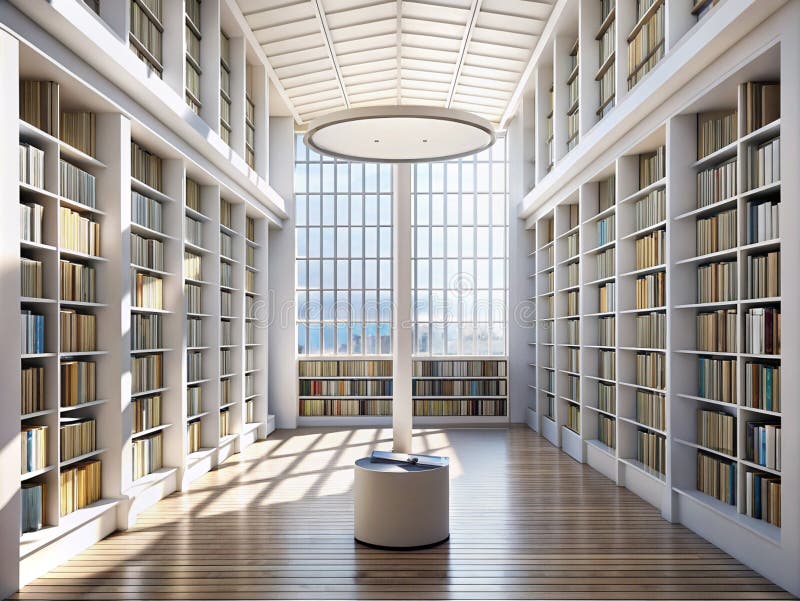 Modern Library Interior with Bookshelf and City View Stock Illustration ...