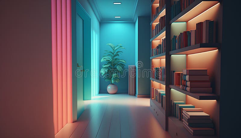 Modern Library Interior with Bookshelf and Plants. 3D Rendering Stock ...