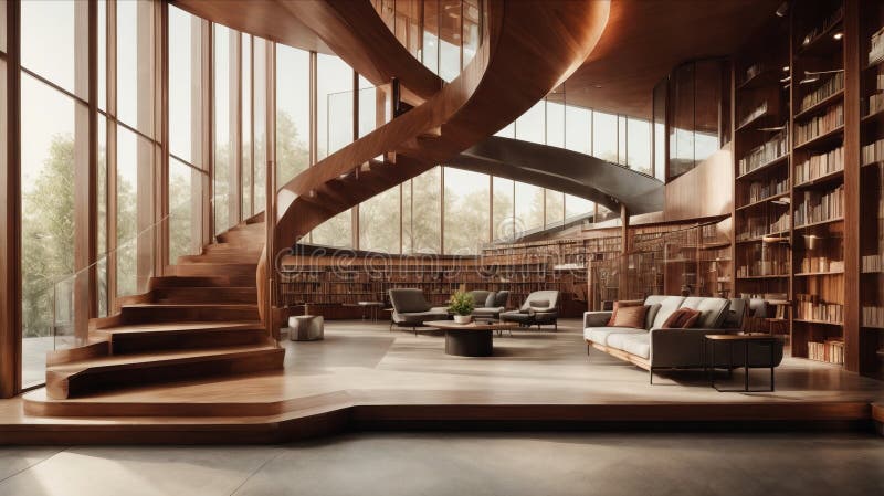 Modern Library Interior with Bookshelf and Stairs. 3D Rendering Stock ...