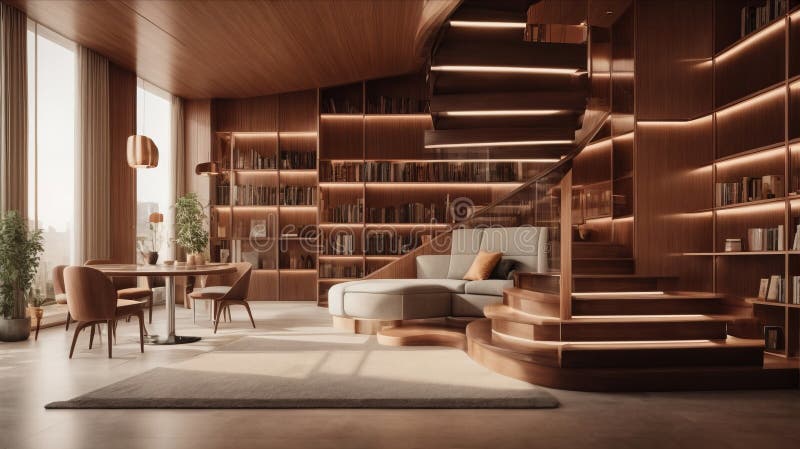 Modern Library Interior with Bookshelf and Stairs. 3D Rendering Stock ...