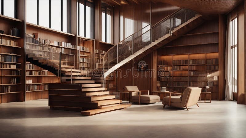 Modern Library Interior with Bookshelf and Stairs. 3D Rendering Stock ...