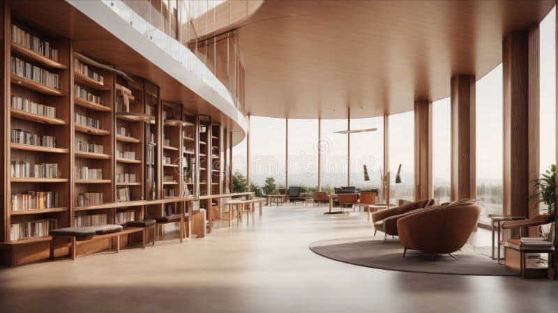 Modern Library Interior with Bookshelf and Stairs. 3D Rendering Stock ...