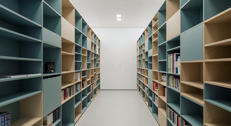 Modern Library Interior with Bookshelves Creating Hallway View Stock ...