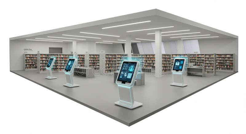 Modern Library with Minimalist Design and Open Floor Plan, Filled with ...