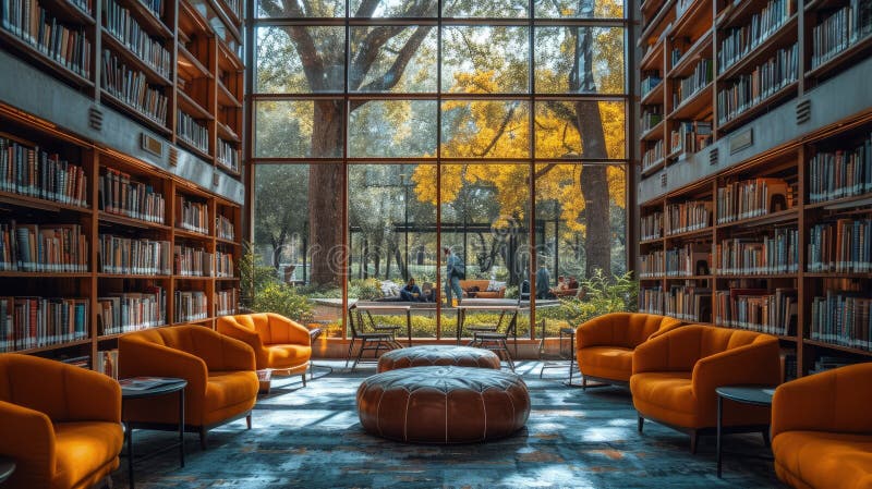 Modern Library Interior with Comfortable Seating and Autumn View. Stock ...