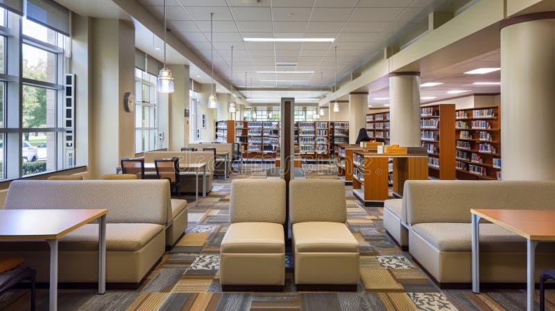 Modern Library Interior with Couches and Tables Stock Photo - Image of ...