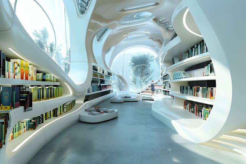 Modern Library Interior with Curved Shelves and Natural Light Stock ...