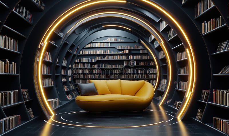 Modern Library Interior with Curved Yellow Sofa and Illuminated Book ...