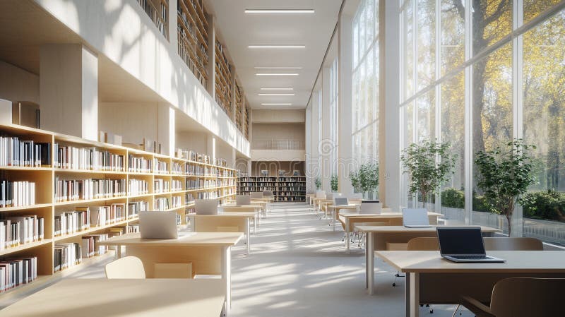 Modern Library Interior Design Bright Sunlight Streaming through Large ...