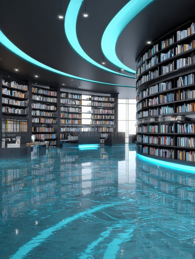 Modern Library Interior Design with Glowing Ceiling Lights and ...