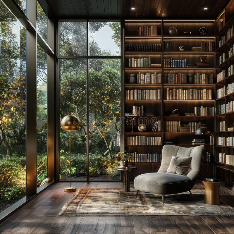 Modern Library Interior Design with Large Windows and Bookshelves Stock ...