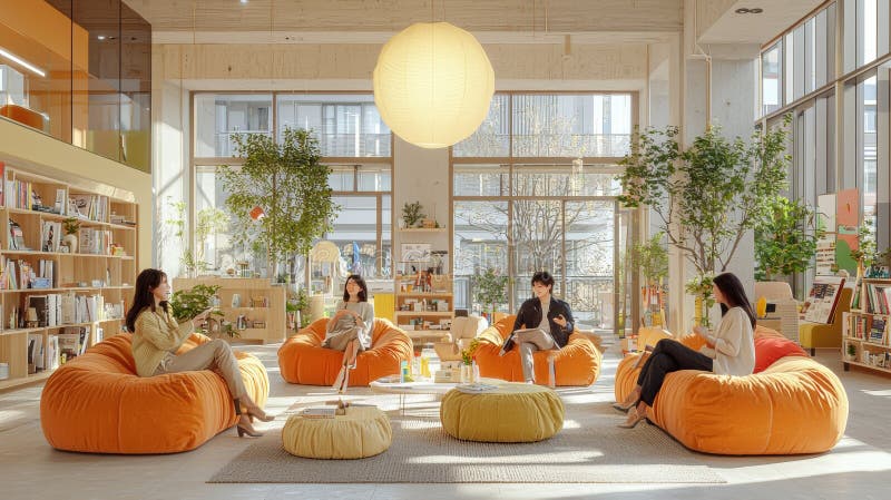 Modern Library Interior Design with People Reading and Relaxing Stock ...