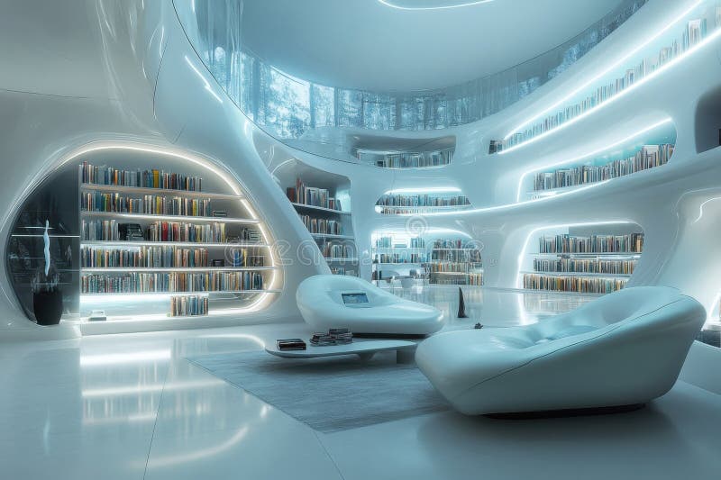 Modern Library Interior Designed with Sleek Curves and Ambient Lighting ...