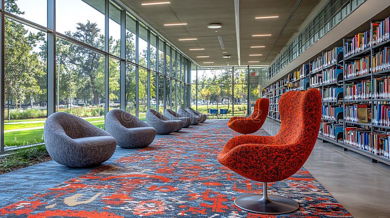 A Modern Library Interior Featuring Cozy Seating and a Bright Open ...