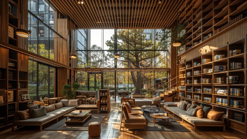 Modern Library Interior Featuring Cozy Seating and Floor-to-Ceiling ...