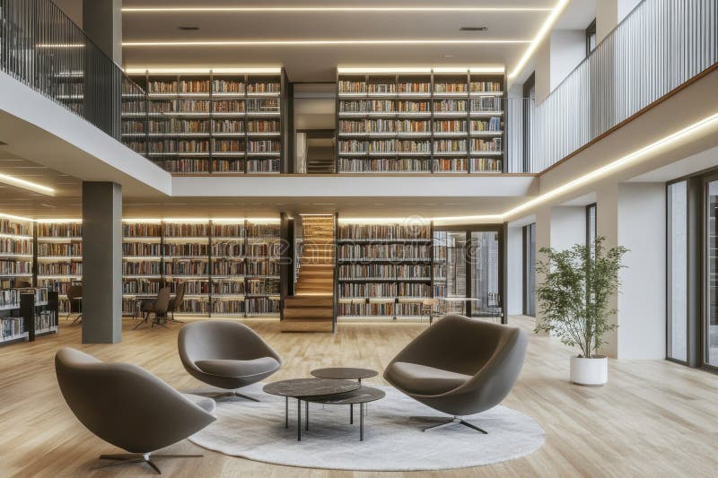 Modern Library Interior Featuring Spacious Design and Inviting Reading ...