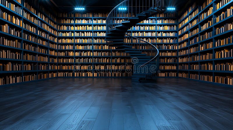 Modern Library with Spiral Staircase and Bookshelves Stock Illustration ...