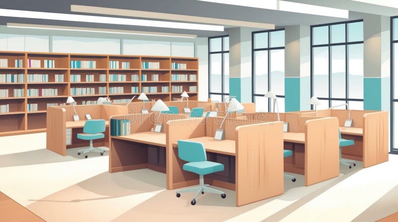 Modern Library Interior with Study Desks and Bookshelves, Ideal for ...