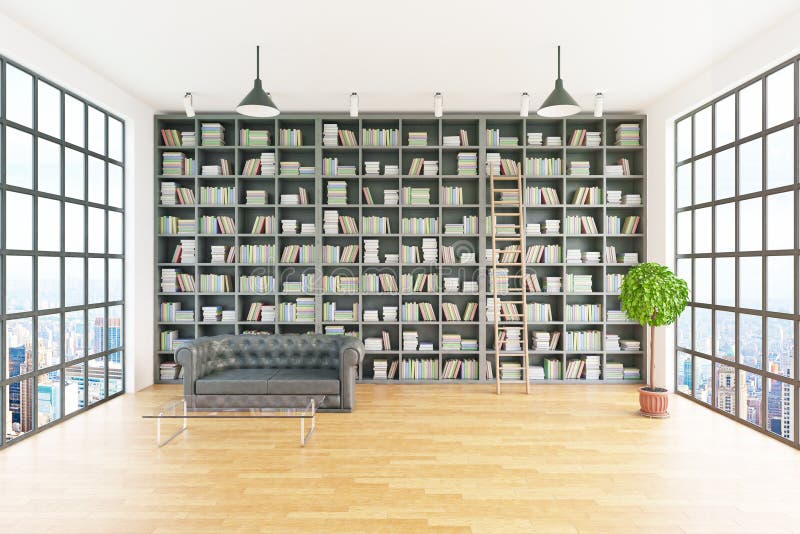 Modern Library Interior Front Stock Illustration - Illustration of ...