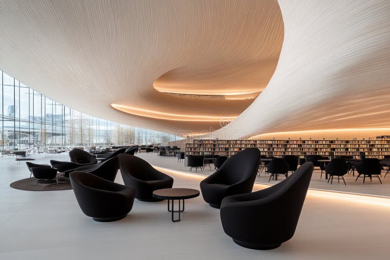 Modern Library Interior with Futuristic Design and Cozy Seating Area ...