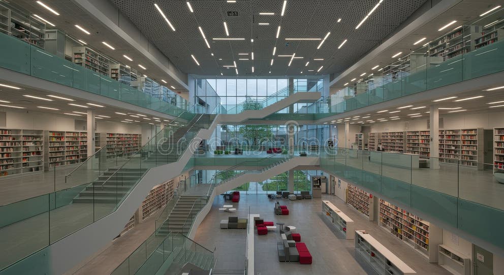 Modern Library Interior with Glass Railings and Open Layout Design ...