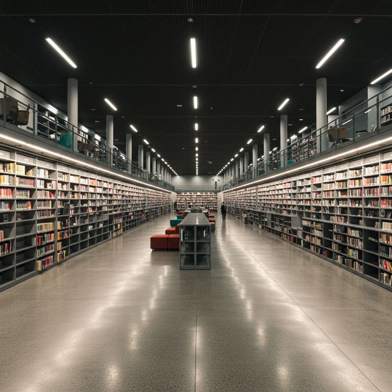Modern Library Interior with High Ceilings and Extensive Walls of ...