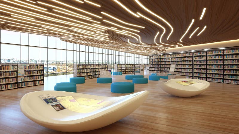 Modern Library Interior with Innovative Architecture and Bright Seating ...