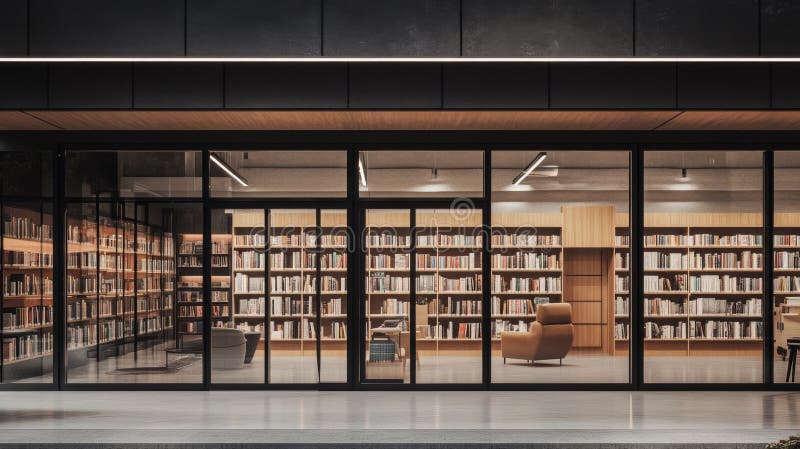 Modern Library Interior with Large Windows and Bookcases Stock ...