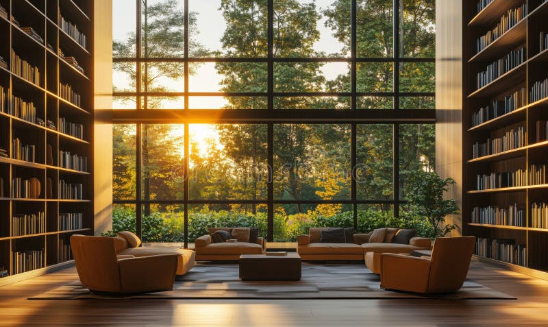 Modern Library Interior with Large Windows, Cozy Seating, and Natural ...