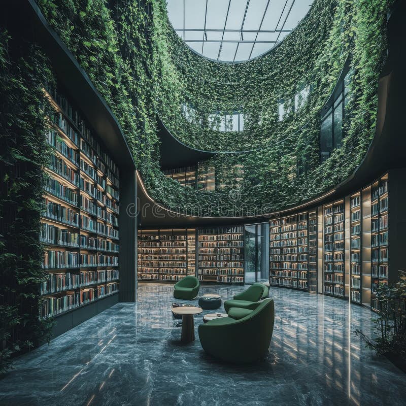 Modern Library Interior with Lush Greenery and Comfortable Seating ...