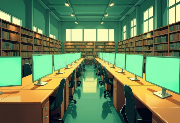 Modern Library Interior with Multiple Computer Stations and Bookshelves ...