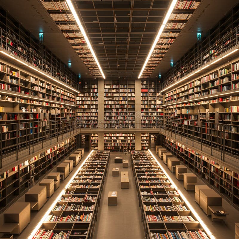 Modern Library Interior with Multiple Levels of Bookshelves Lining the ...