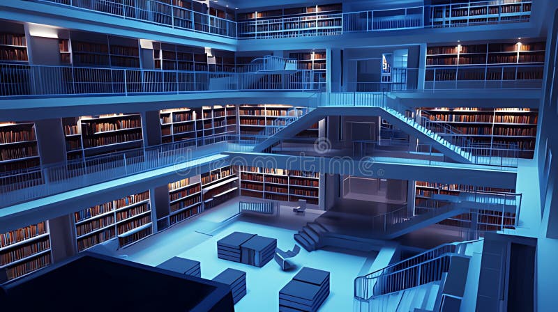 Modern Library Interior at Night, Showcasing Multiple Floors Filled ...
