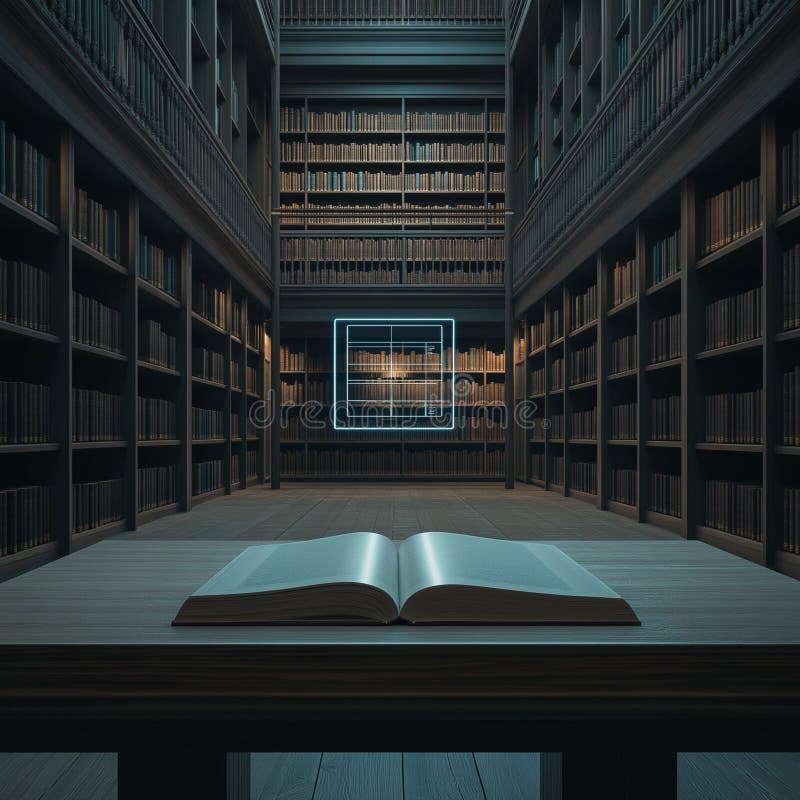 Modern Library Interior with an Open Book on a Table and Digital ...