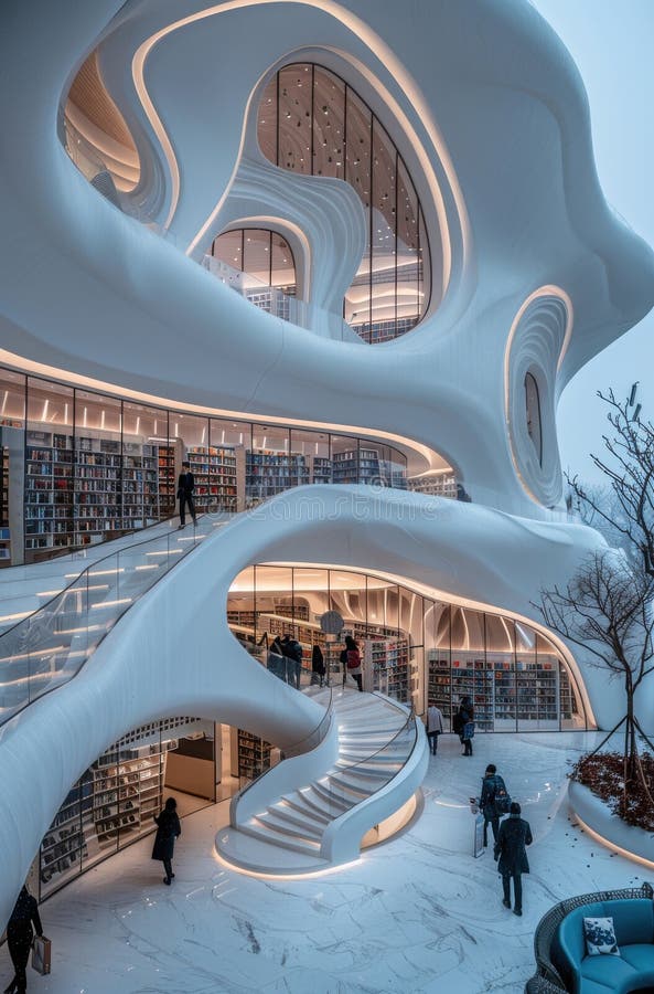 Modern Library Interior with People Studying and Browsing Books in a ...