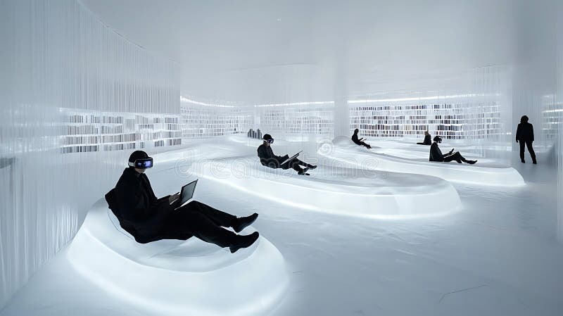 Modern Library Interior with People Using VR and Laptops Stock ...