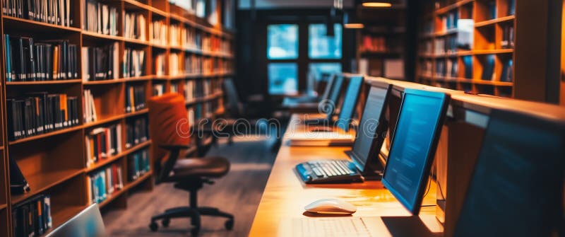 Modern Library Interior with Rows of Bookshelves and Computer ...