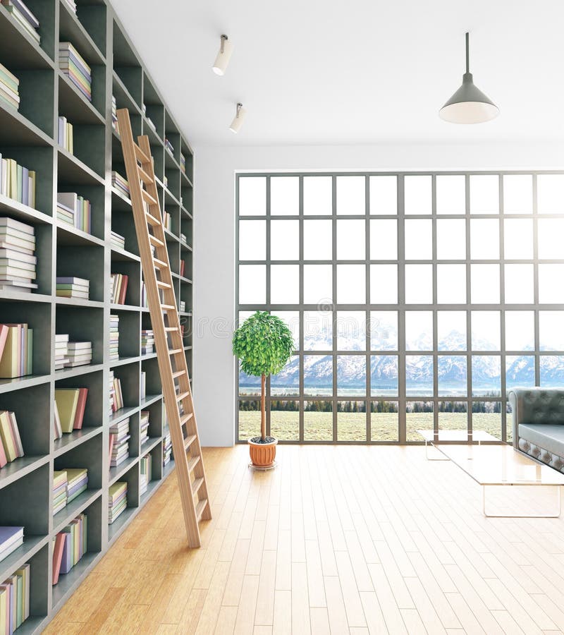 Modern Library Interior Side Stock Illustration - Illustration of floor ...