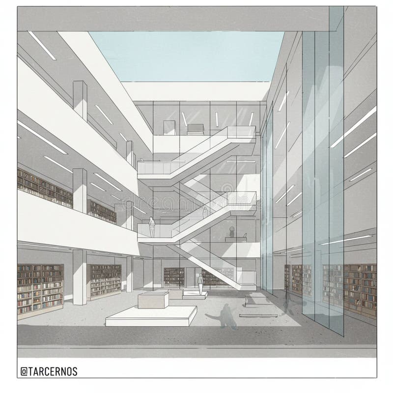Modern Library Interior with a Spacious, Open Design. Features Multiple ...