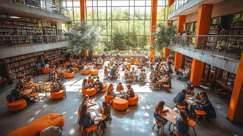 Modern Library Interior Students Studying and Collaborating Stock ...